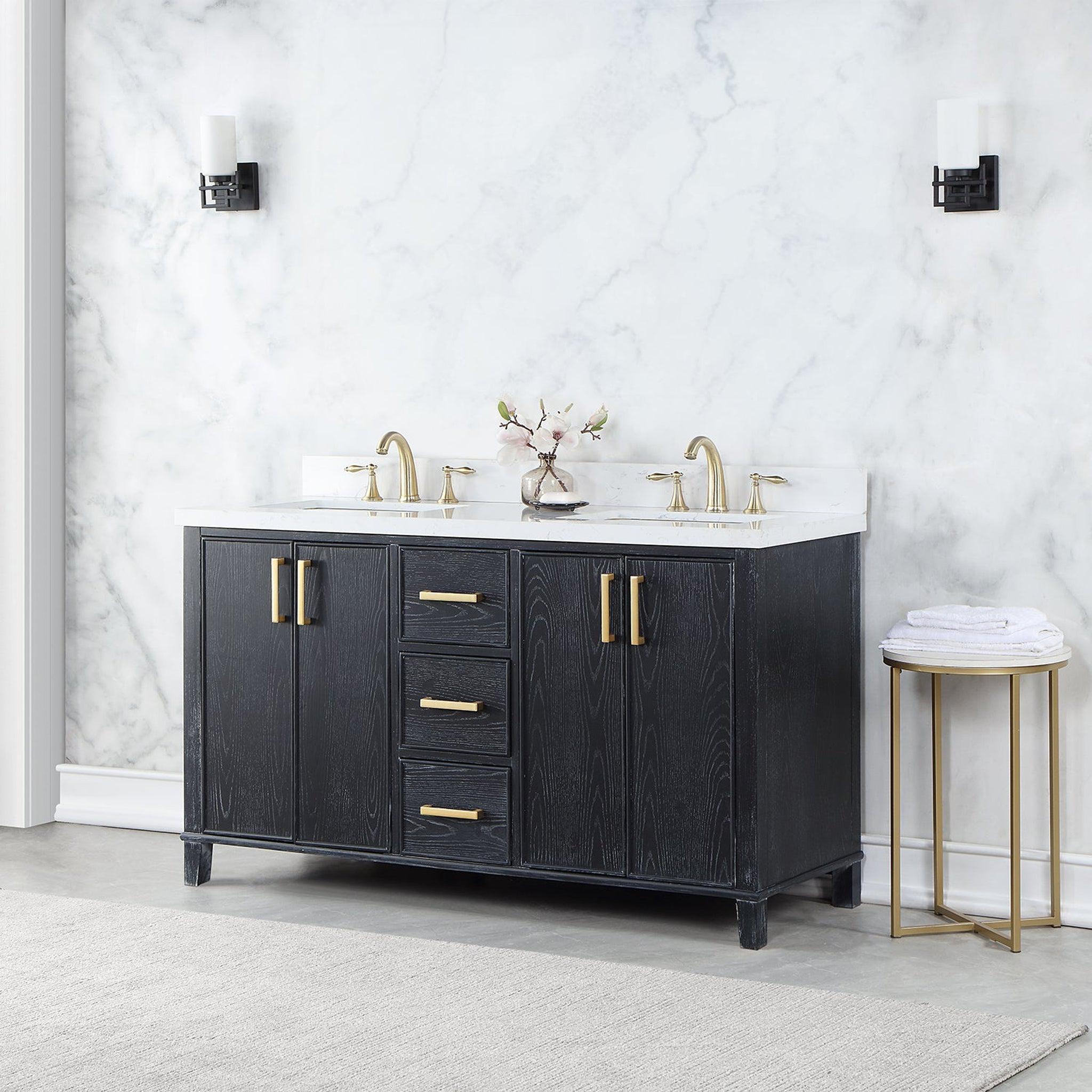 Altair Weiser 60" Black Oak Freestanding Double Bathroom Vanity Set Wi ...
