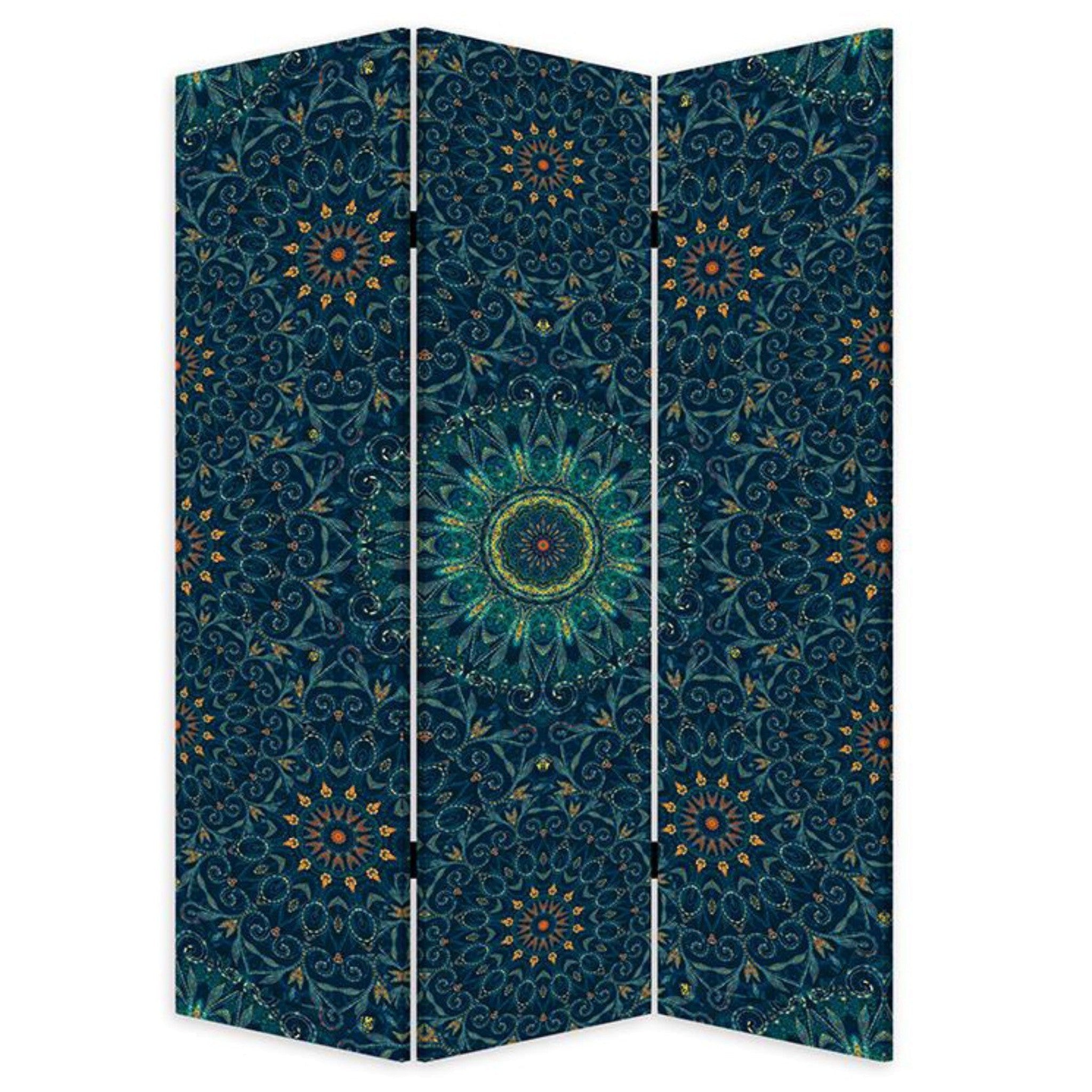 HomeRoots Boho Mandala Three Panel Room Divider Screen in Blue Finish ...