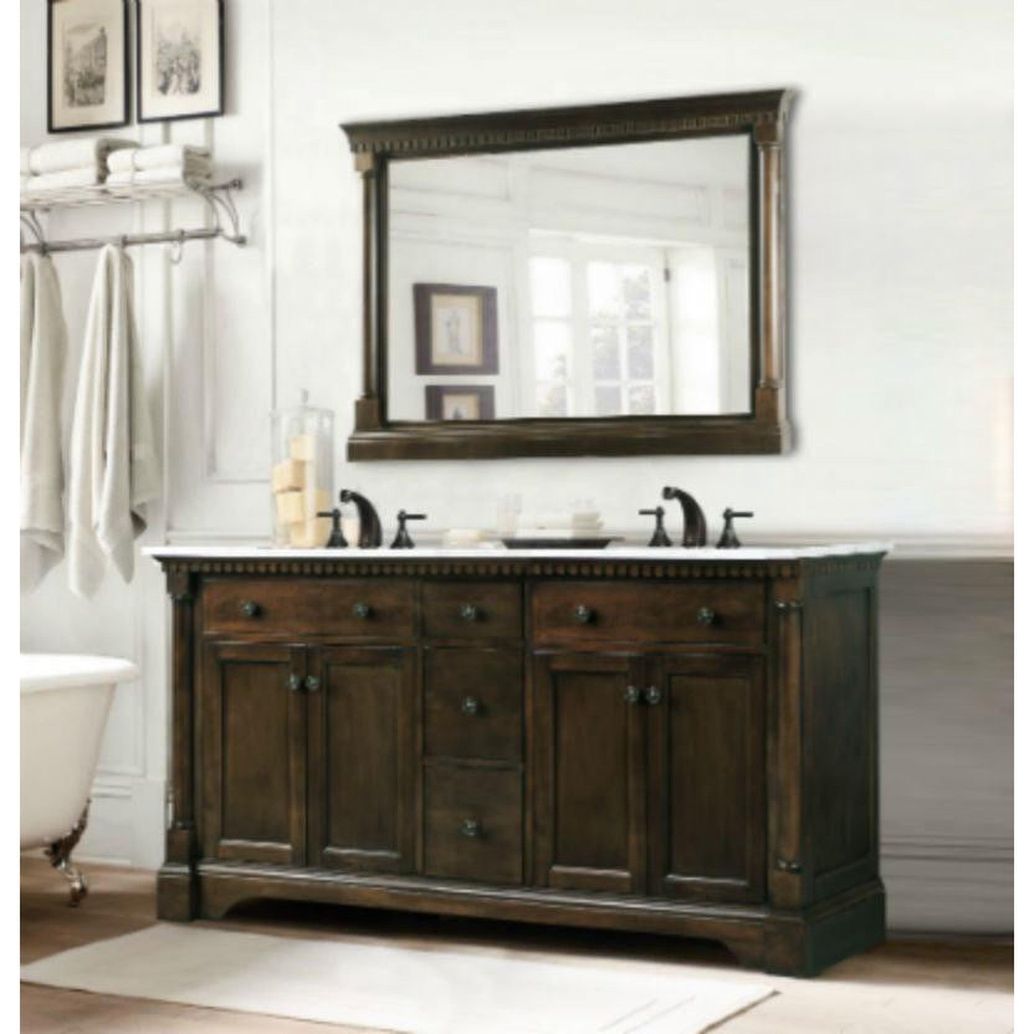 Legion Furniture 60" Antique Coffee Freestanding Vanity With Carrara W ...