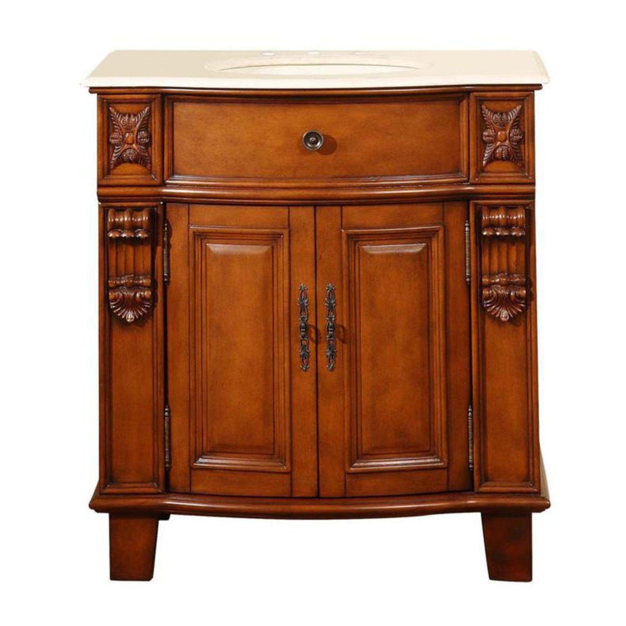 Silkroad Exclusive 33" Single Sink Cherry Bathroom Vanity With Crema M ...