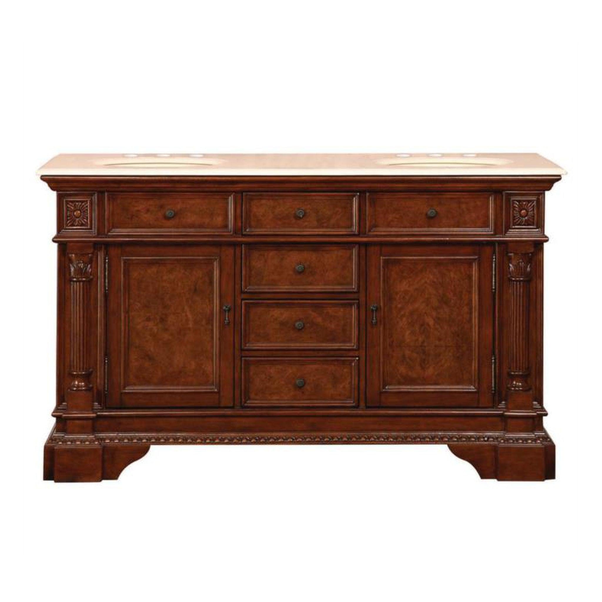 Silkroad Exclusive 60" Double Sink English Chestnut Bathroom Vanity Wi ...