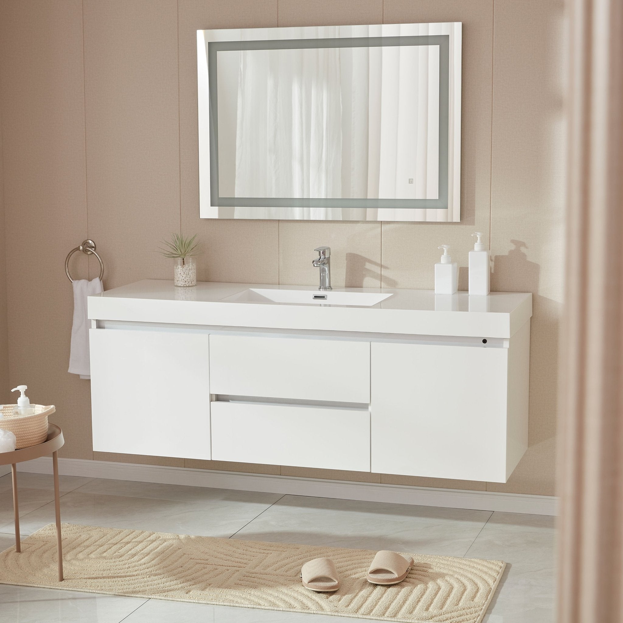 Vanity Art Annecy 60" Glossy White Wall Mounted Vanity Set With White ...