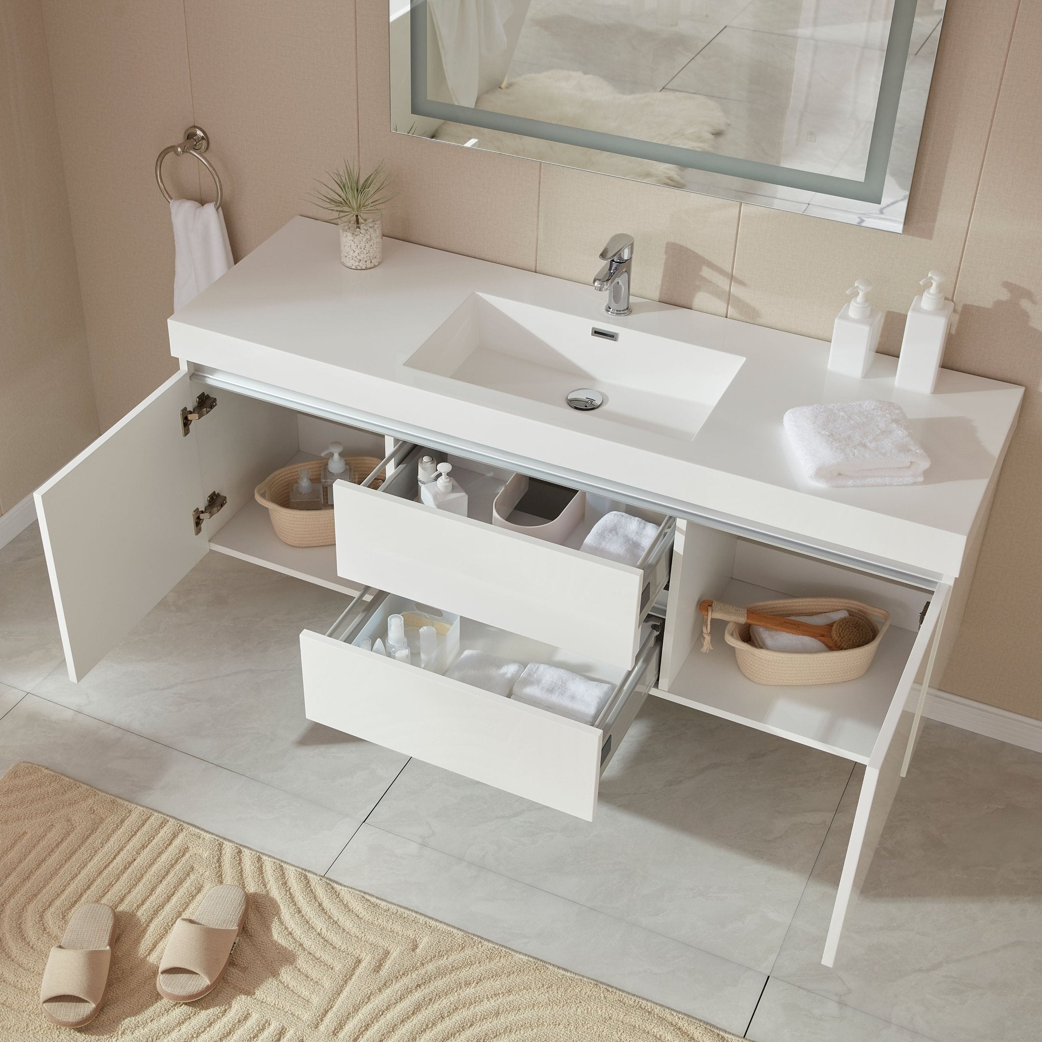 Vanity Art Annecy 60" Glossy White Wall Mounted Vanity Set With White ...