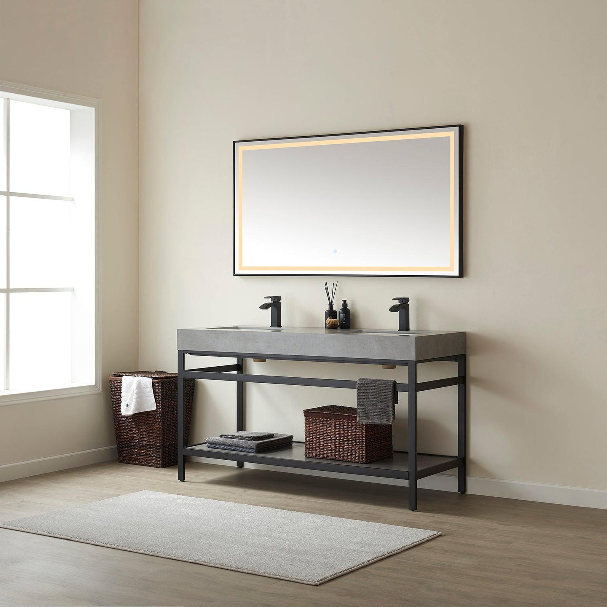 Vinnova Funes 60" Double Sink Bath Vanity In Matt Black Metal Support ...