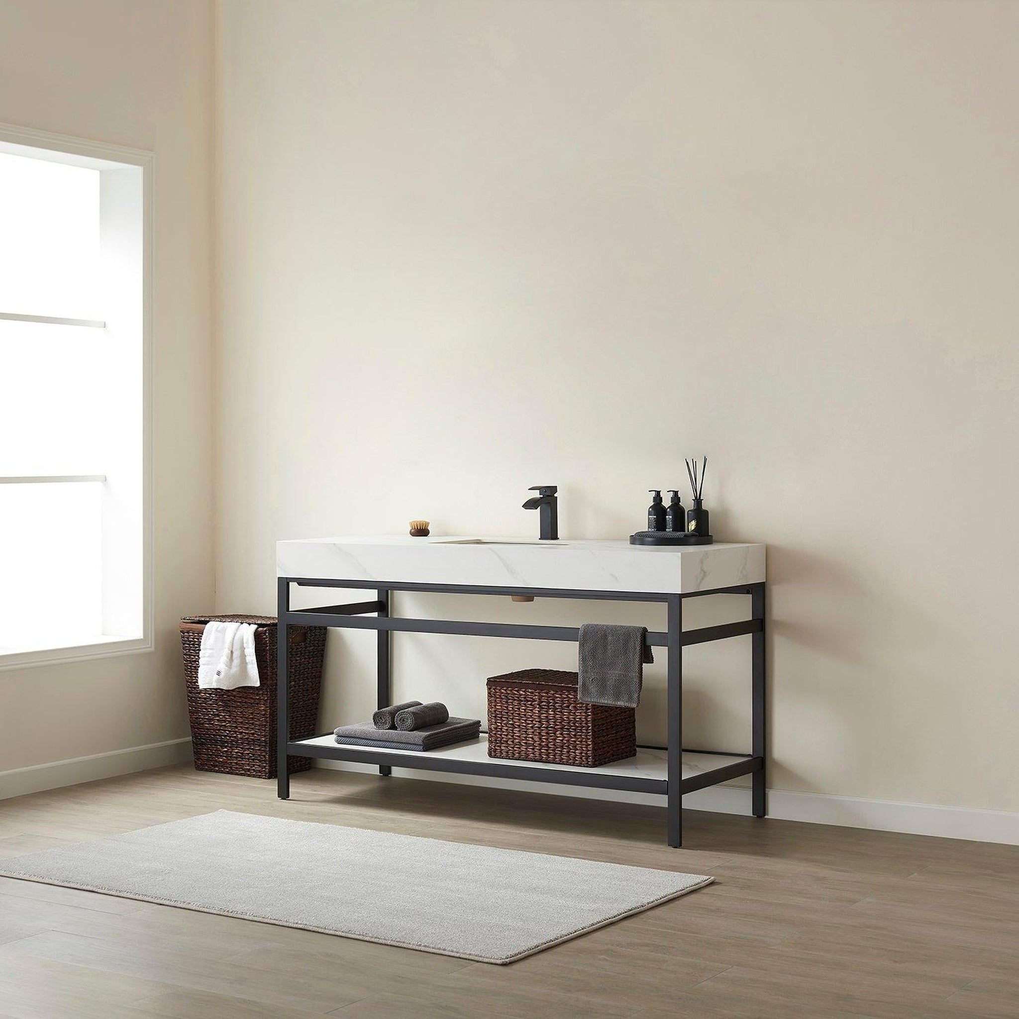 Vinnova Funes 60" Single Sink Bath Vanity In Matt Black Metal Support ...