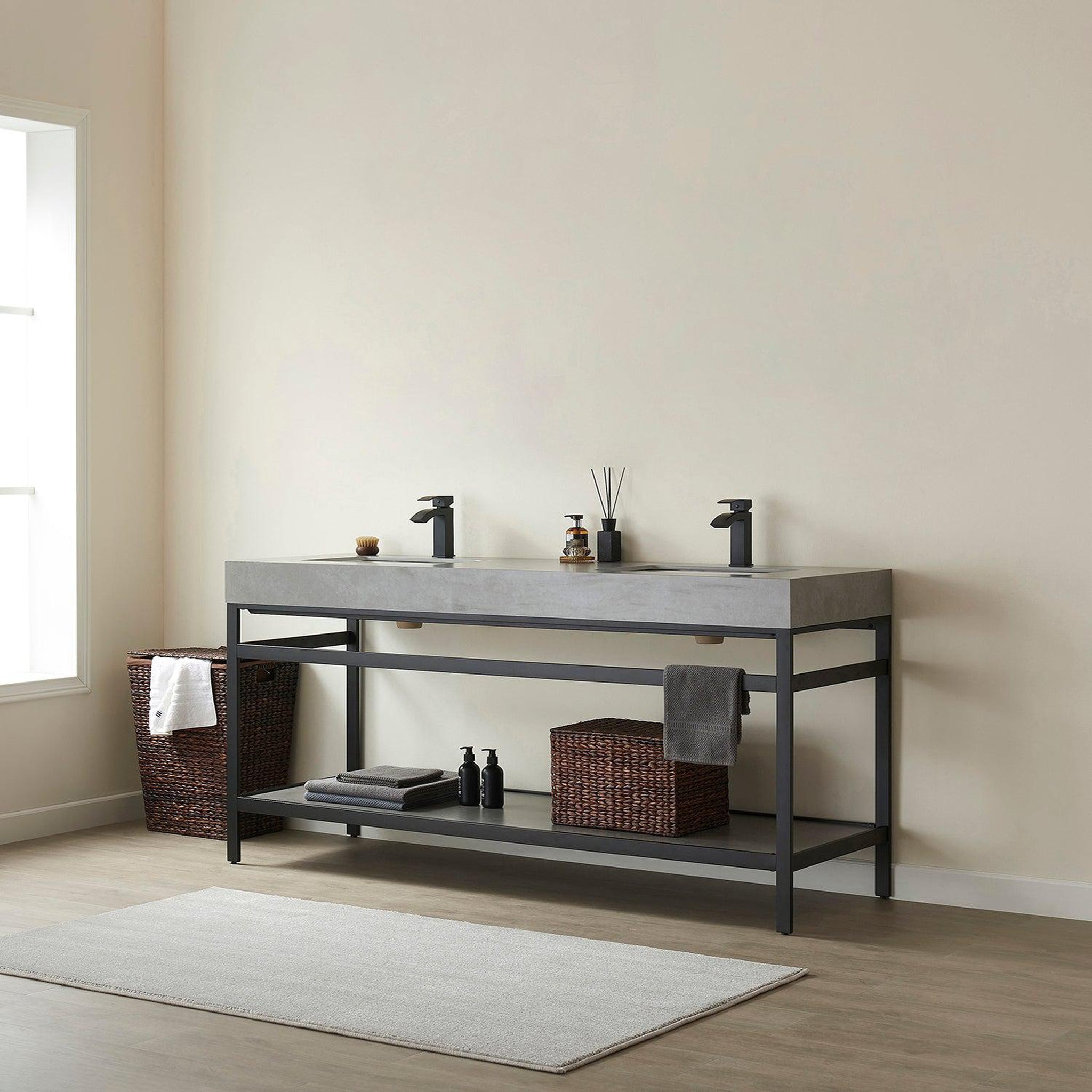 Vinnova Funes 72" Double Sink Bath Vanity In Matt Black Metal Support ...