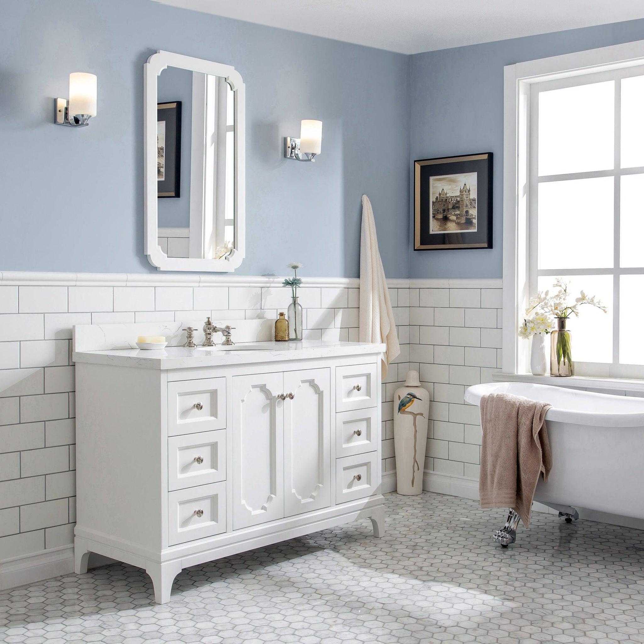Water Creation Queen 48" Single Sink Quartz Carrara Vanity In Pure Whi ...