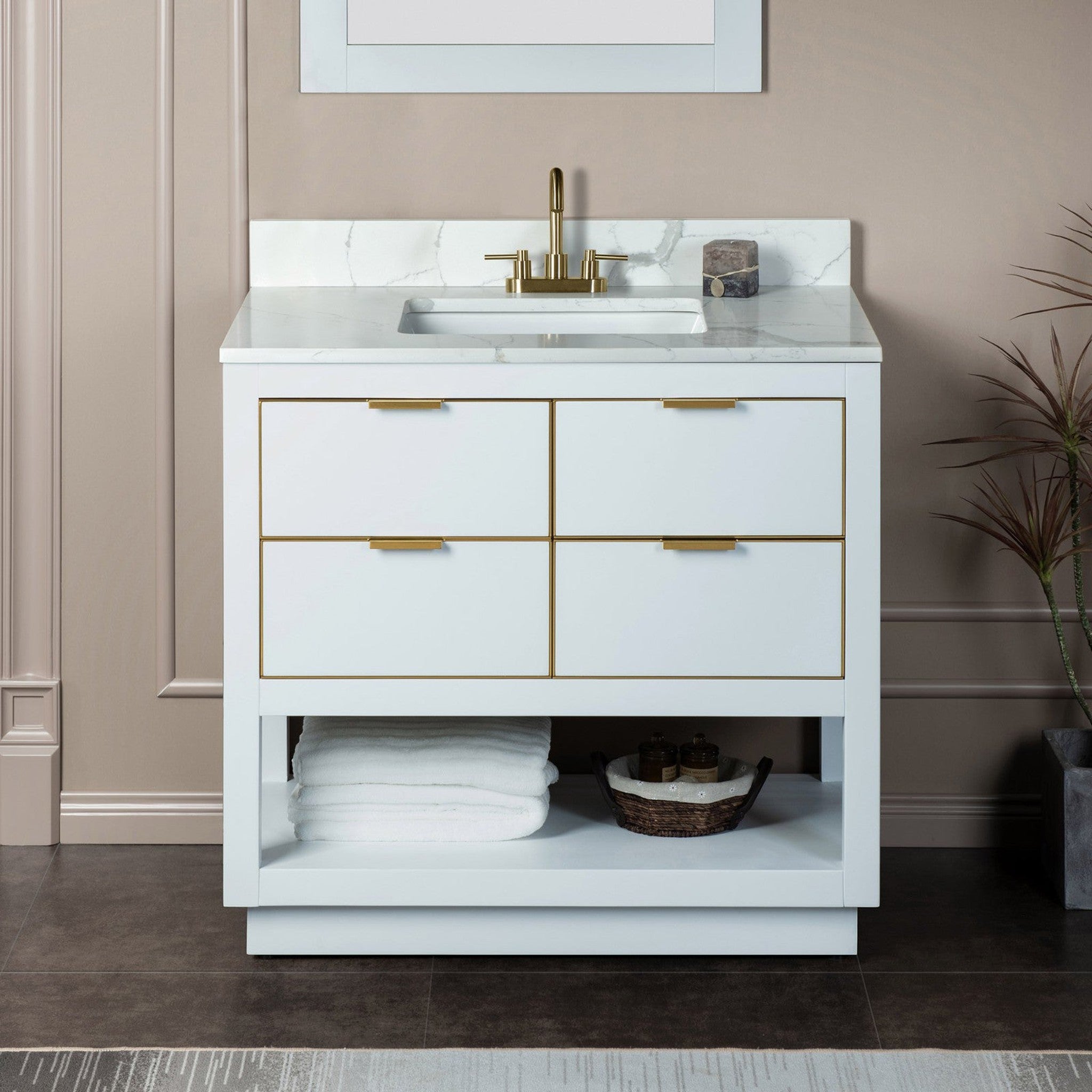 Woodbridge Venice 43" White and Gold Trim Solid Wood Vanity Base and F ...