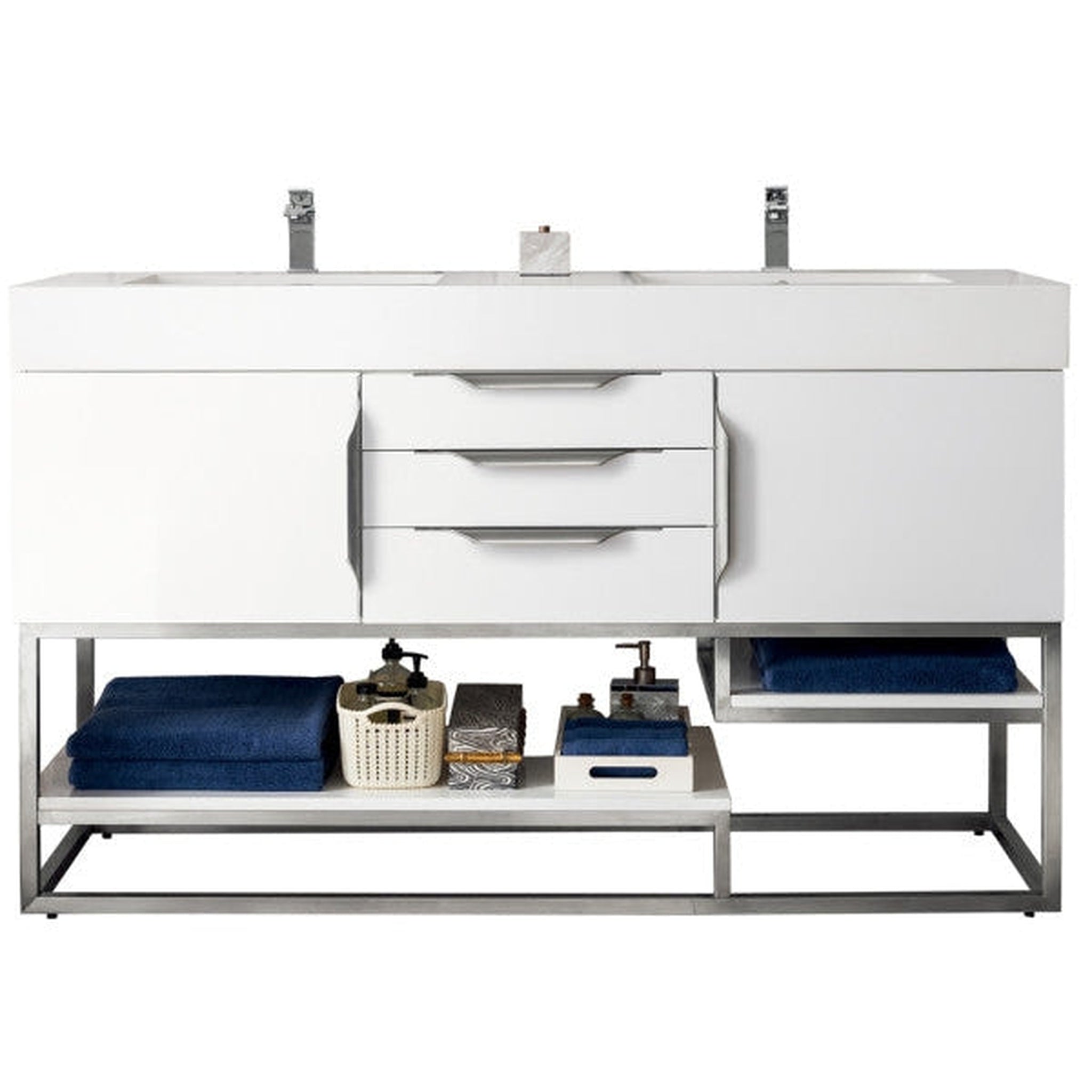 James Martin Columbia 59" Double Glossy White Bathroom Vanity With 6 ...