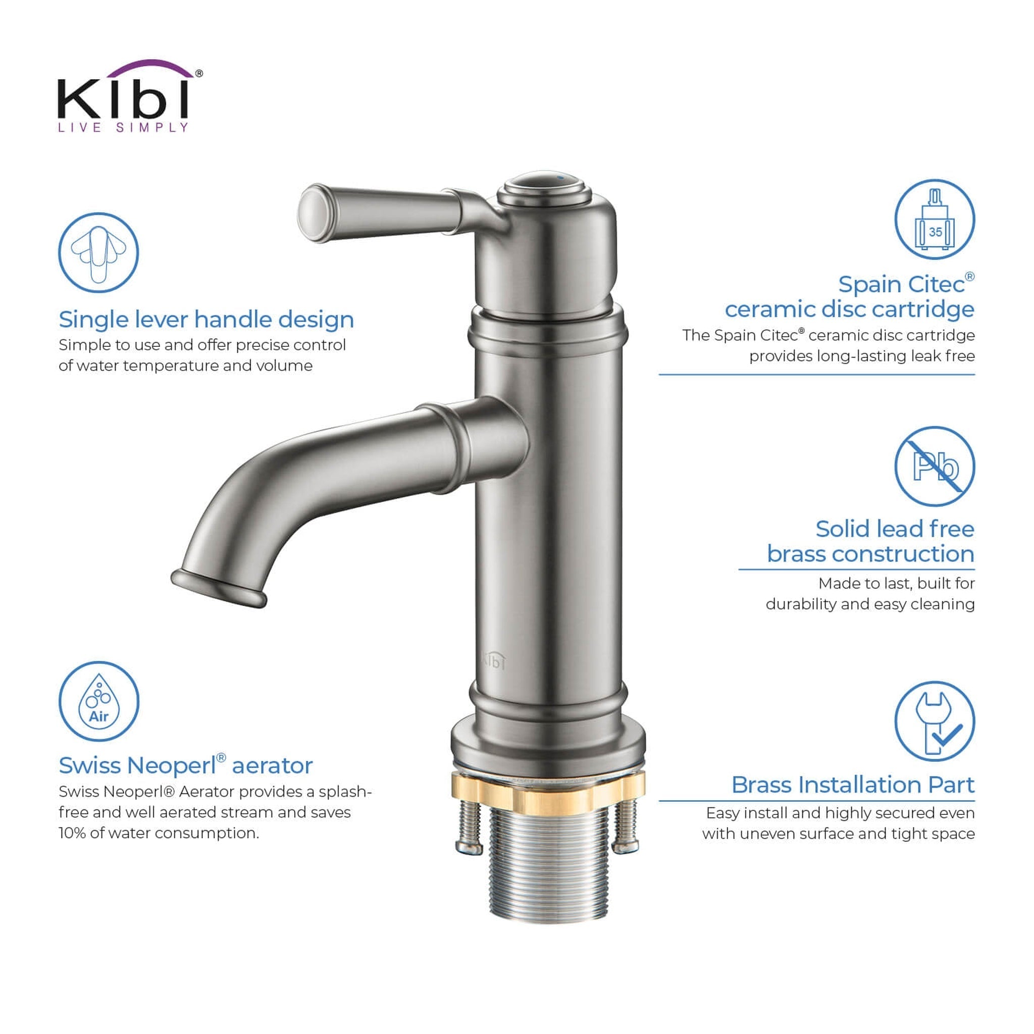 KIBI Victorian Single Handle Brushed Nickel Solid Brass Bathroom Vanit ...