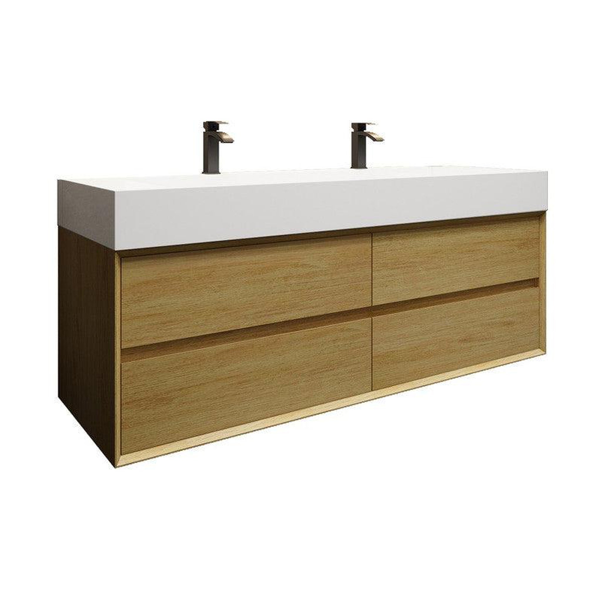 Moreno Bath MAX 60" Teak Oak Wall-Mounted Vanity With Double Faucet Ho ...
